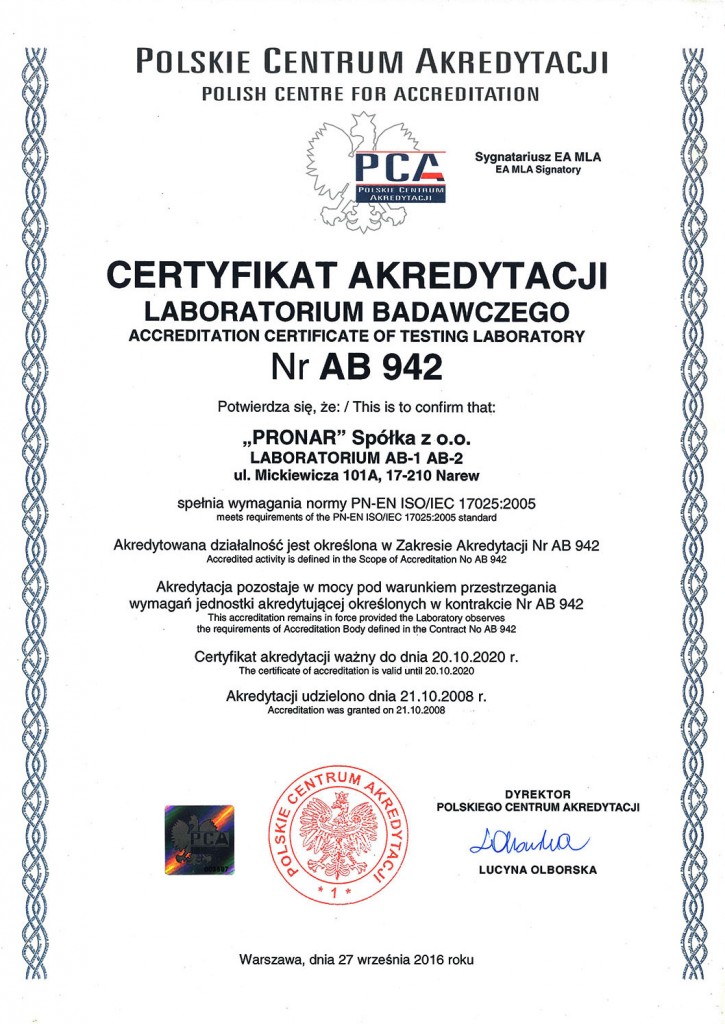 Laboratoire accrédité du Centre R&D - Pronar Sp. z o.o.